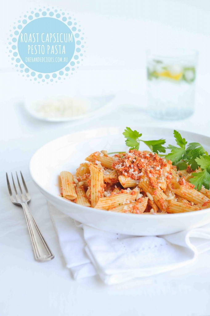 Roast Capsicum Pesto Pasta - One Handed Cooks